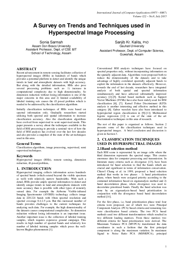(PDF) A Survey on Trends and Techniques used in Hyperspectral Image Processing