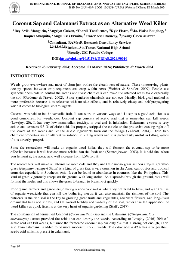 (PDF) Coconut Sap and Calamansi Extract as an Alternative Weed Killer