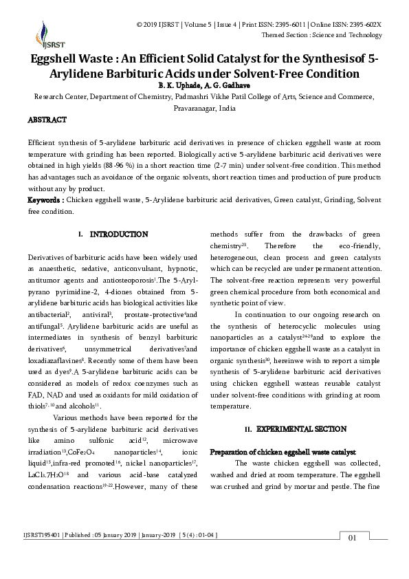 (PDF) Eggshell Waste : An Efficient Solid Catalyst for the Synthesisof ...