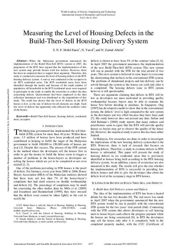 (PDF) Measuring The Level Of Housing Defects In The Build-Then-Sell Housing Delivery System