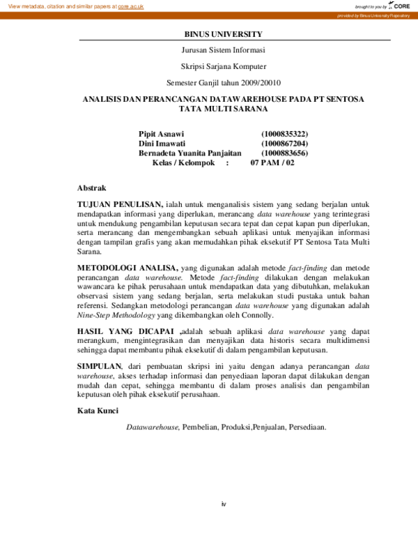 Pdf Analisis Dan Perancangan Data Warehouse Pada Pt Sentosa Tata