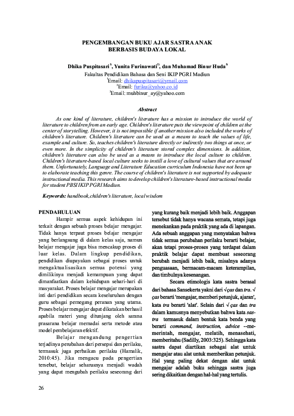 (PDF) Pengembangan Buku Ajar Sastra Anak Berbasis Budaya Lokal