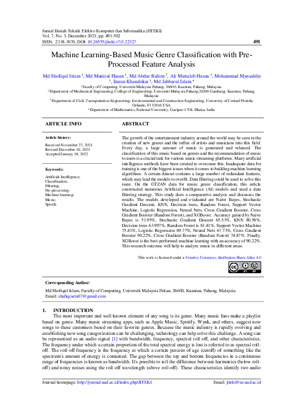 (PDF) Machine Learning-Based Music Genre Classification with Pre-Processed Feature Analysis