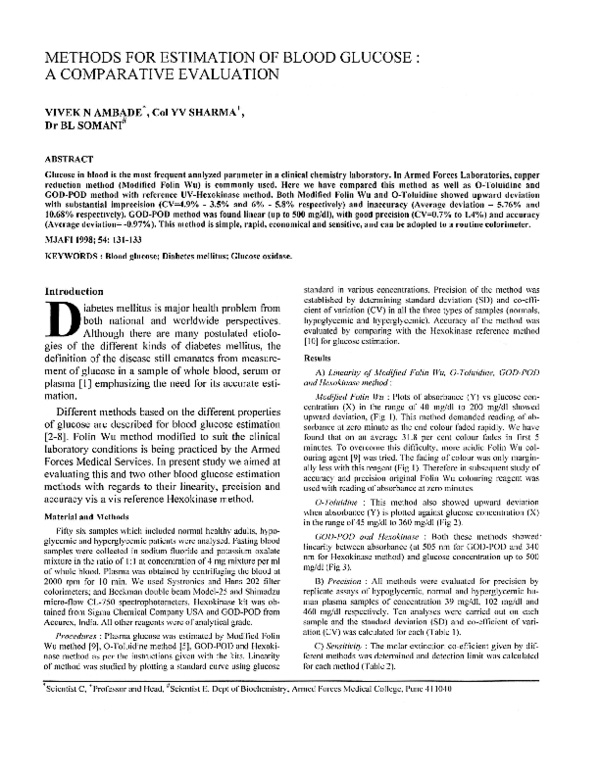 (PDF) Methods for Estimation of Blood Glucose : A Comparative Evaluation