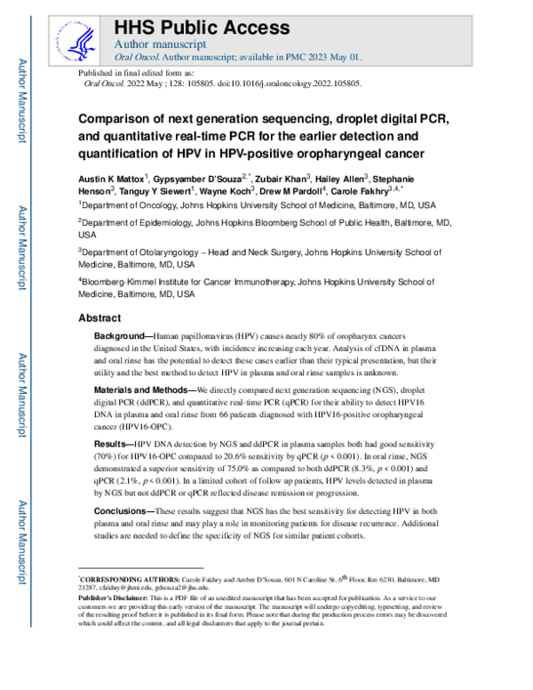 (PDF) Comparison of next generation sequencing, droplet digital PCR ...