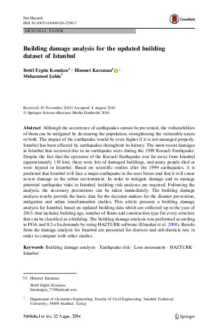 (PDF) Building damage analysis for the updated building dataset of Istanbul