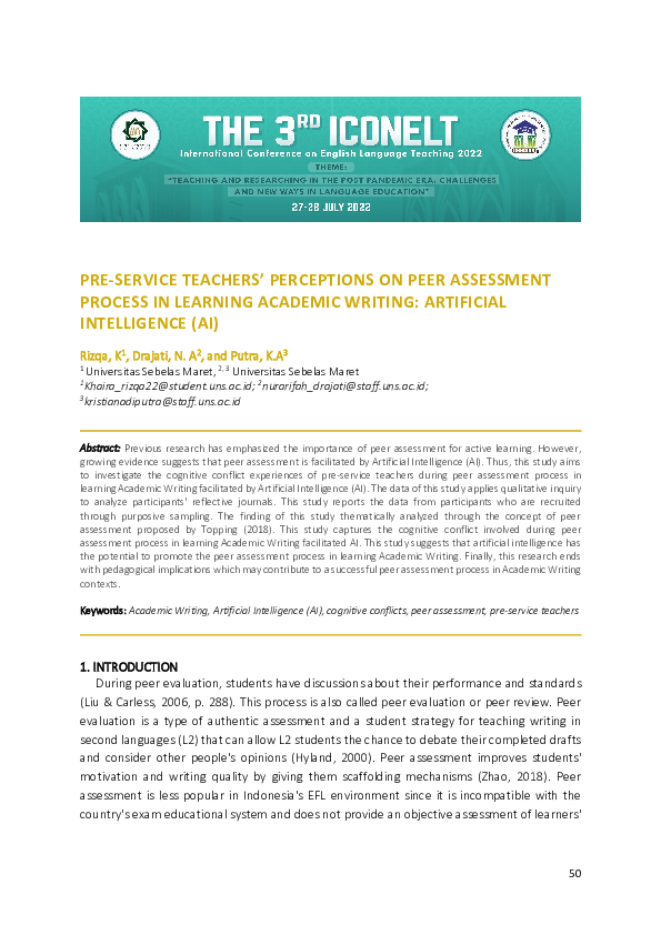 (PDF) Pre-Service Teachers’ Perceptions on Peer Assessment Process in Learning Academic Writing ...