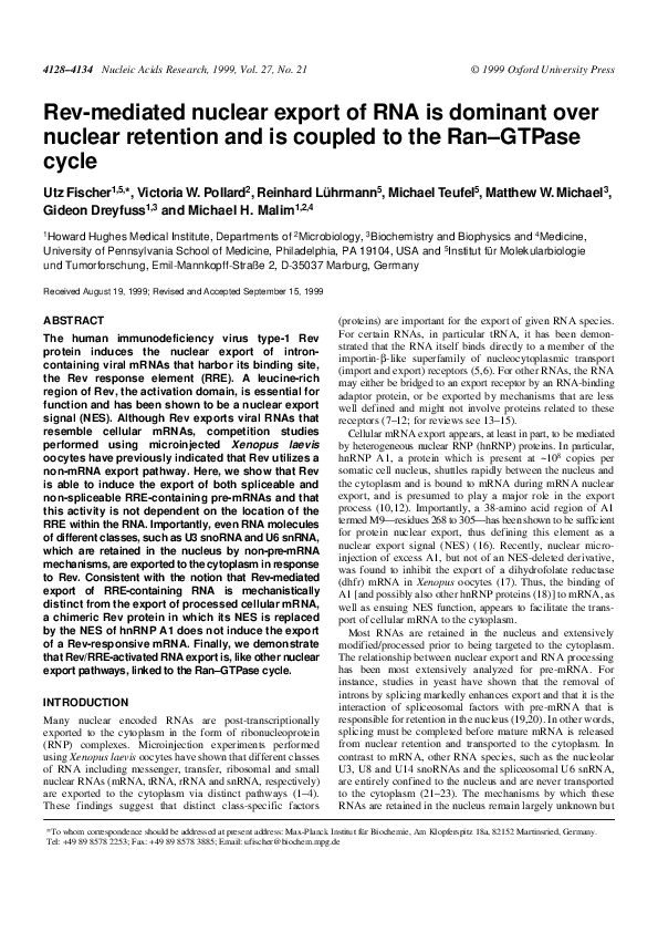 (PDF) Rev-mediated nuclear export of RNA is dominant over nuclear ...