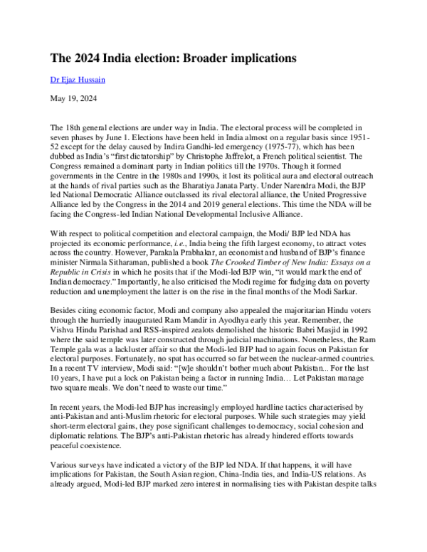 (PDF) The 2024 India election: Broader implications