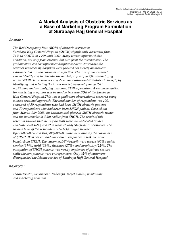(PDF) A Market Analysis of Obstetric Services asa Base of Marketing ...
