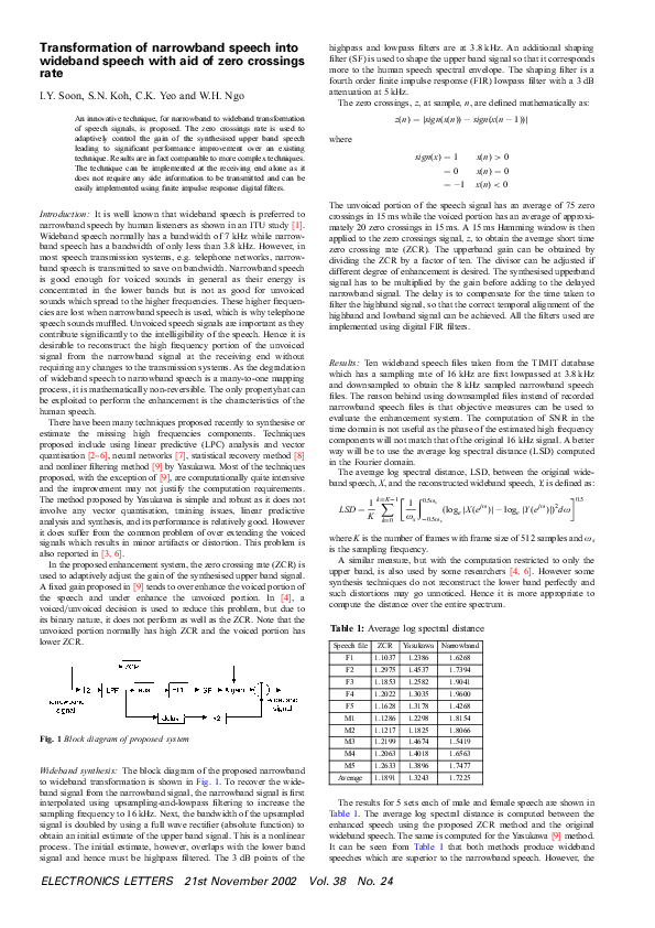 (PDF) Transformation of narrowband speech into wideband speech with aid of zero crossings rate