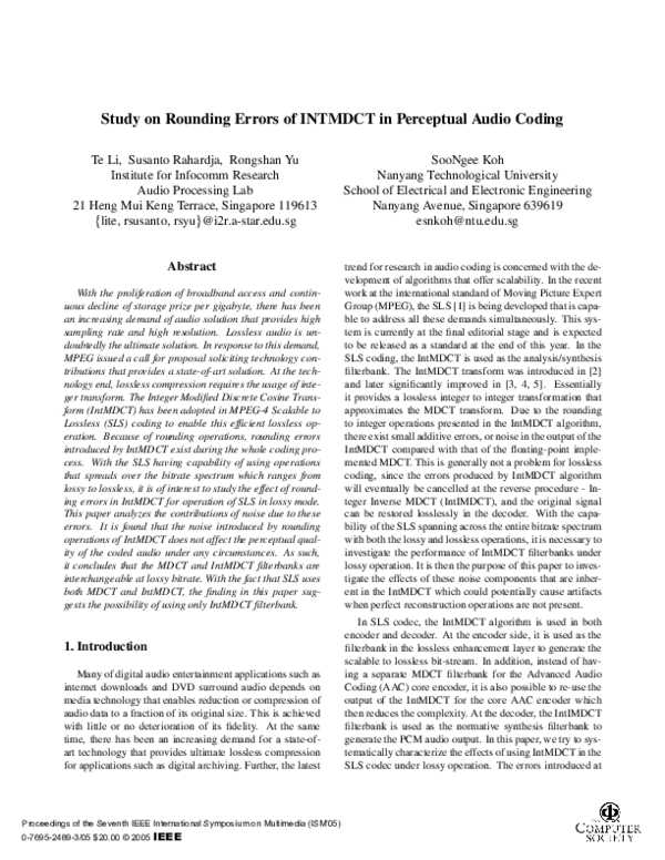 (PDF) Study on Rounding Errors of INTMDCT in Perceptual Audio Coding