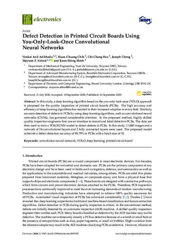 (PDF) Defect Detection in Printed Circuit Boards Using You-Only-Look-Once Convolutional Neural ...