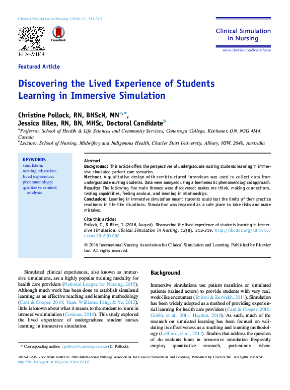 (PDF) Discovering the Lived Experience of Students Learning in Immersive Simulation
