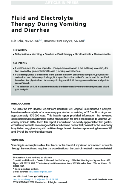 (PDF) Fluid and Electrolyte Therapy During Vomiting and Diarrhea