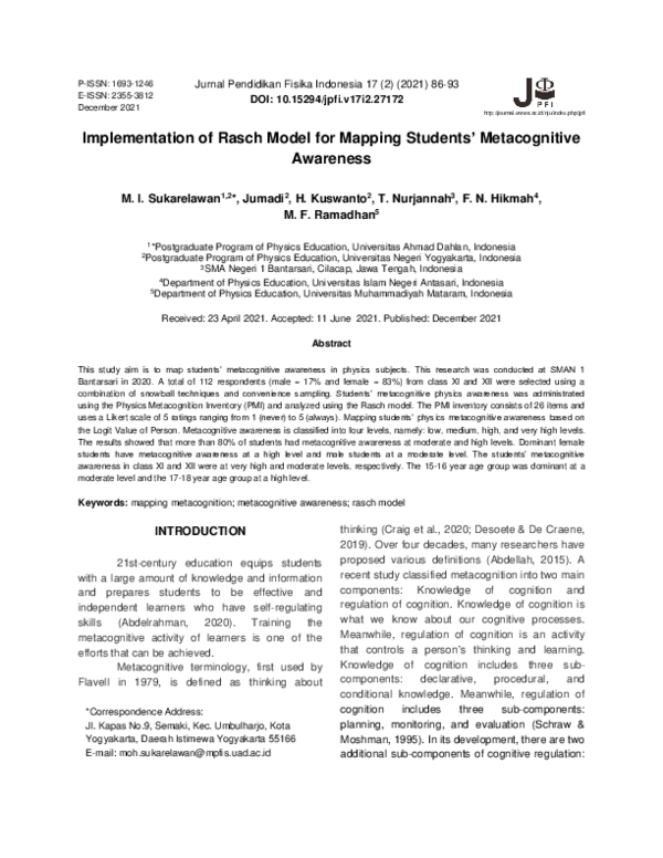 (PDF) Implementation of Rasch Model for Mapping Students’ Metacognitive ...