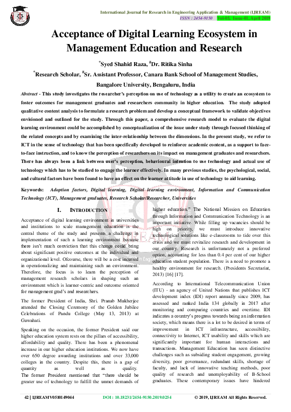 (PDF) Acceptance of Digital Learning Ecosystem in Management Education and Research