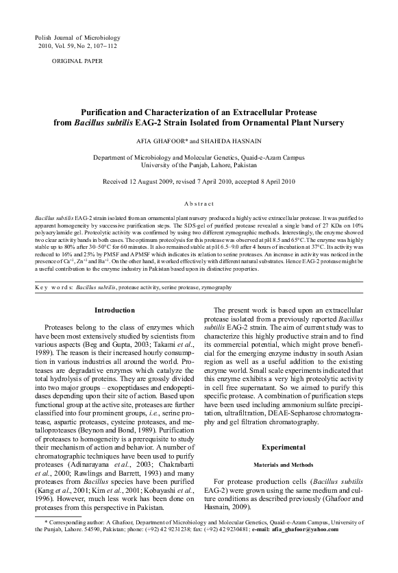 (PDF) Purification and Characterization of an Extracellular Protease from Bacillus subtilis EAG ...