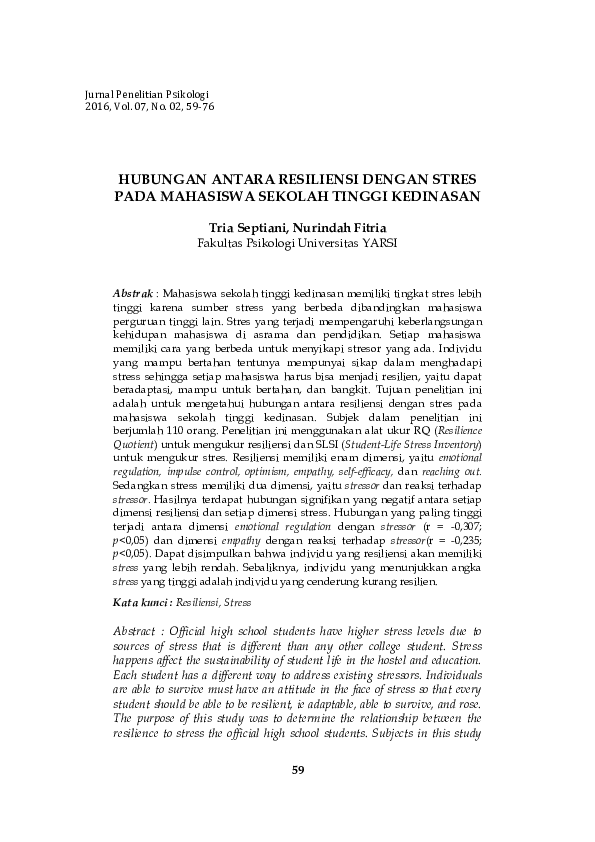 (PDF) Hubungan Antara Resiliensi Dengan Stres Pada Mahasiswa Sekolah Tinggi Kedinasan