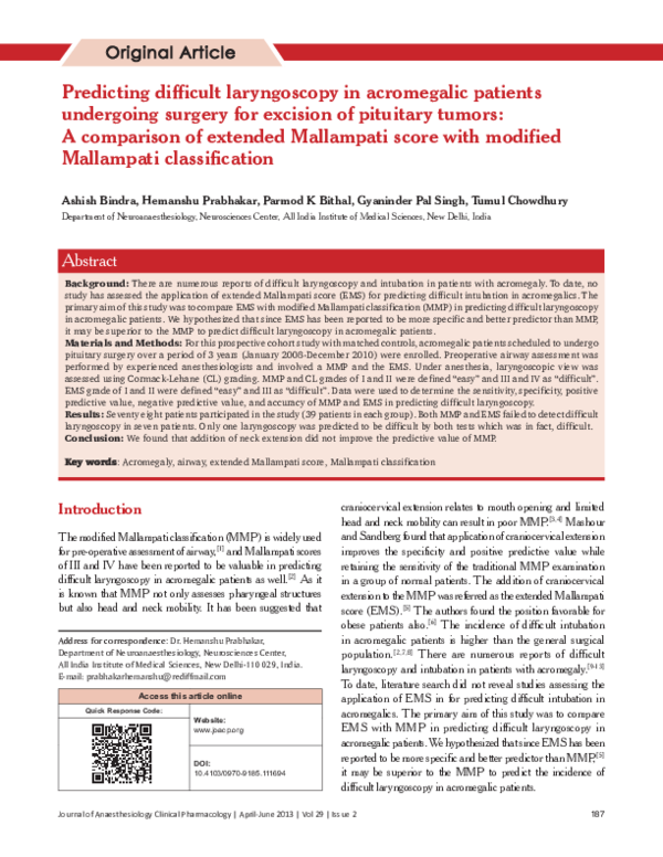 (PDF) Predicting Difficult Laryngoscopy in Acromegaly: A Comparison of ...