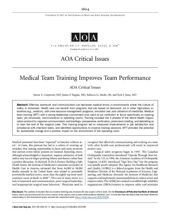 (PDF) Medical Team Training Improves Team Performance