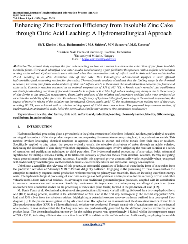 Pdf Enhancing Zinc Extraction Efficiency From Insoluble Zinc Cake Through Citric Acid Leaching