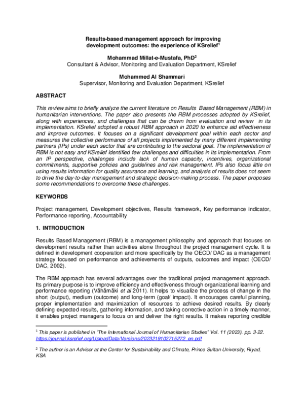 (PDF) Results-based management approach for improving development ...