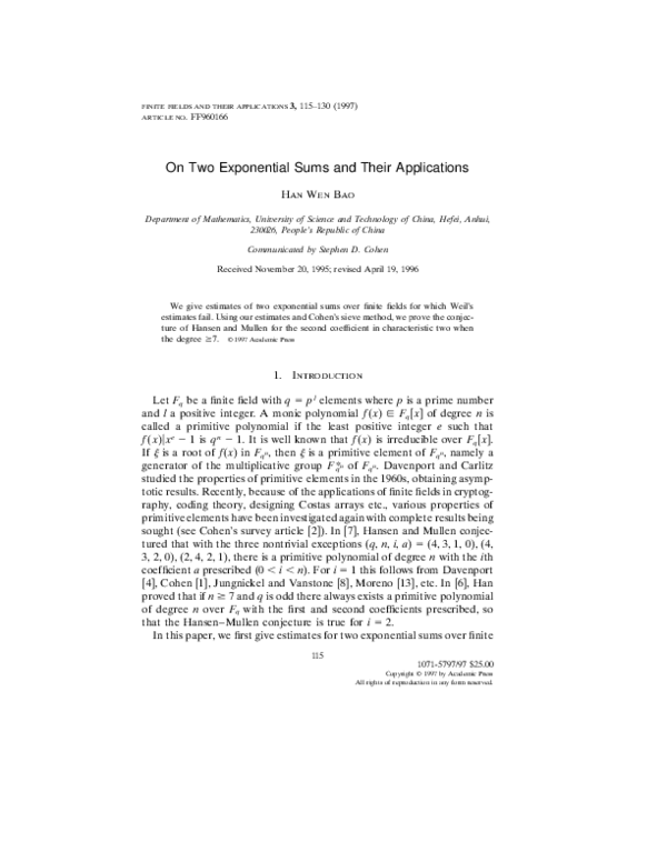 (PDF) On Two Exponential Sums and Their Applications