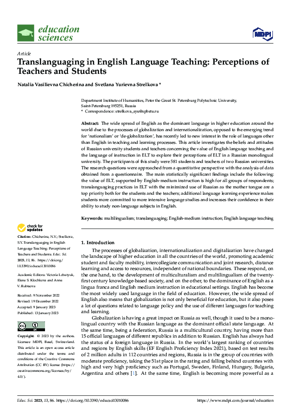(PDF) Translanguaging in English Language Teaching: Perceptions of Teachers and Students