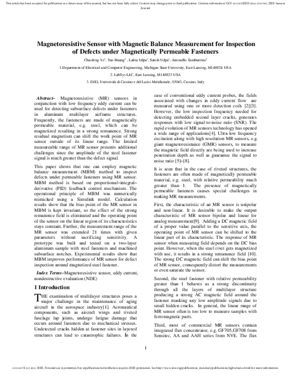 (PDF) Magnetoresistive Sensor With Magnetic Balance Measurement for Inspection of Defects Under ...
