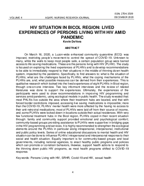 (PDF) HIV SITUATION IN BICOL REGION: LIVED EXPERIENCES OF PERSONS ...