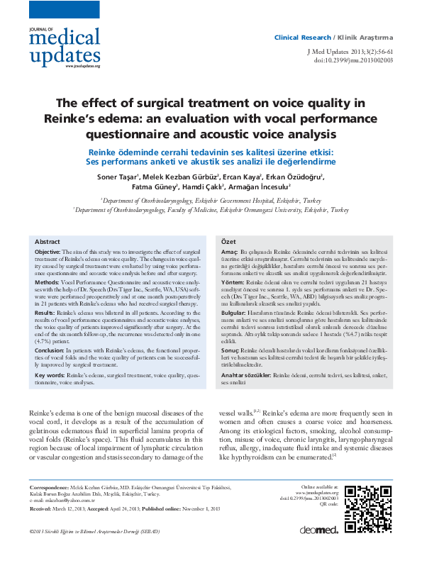 (PDF) The effect of surgical treatment on voice quality in Reinke’s edema: an evaluation with ...
