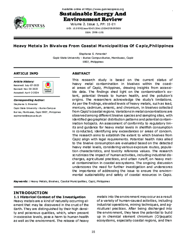 (PDF) Heavy Metals In Bivalves From Coastal Municipalities Of Capiz, Philippines