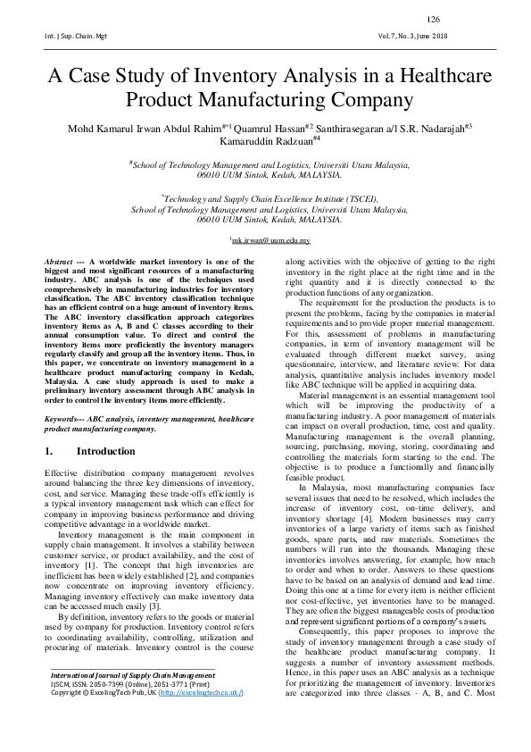 (PDF) A Case Study of Inventory Analysis in a Healthcare Product ...