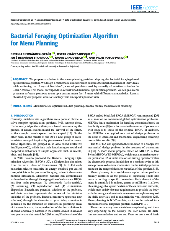 Pdf Bacterial Foraging Optimization Algorithm For Menu Planning
