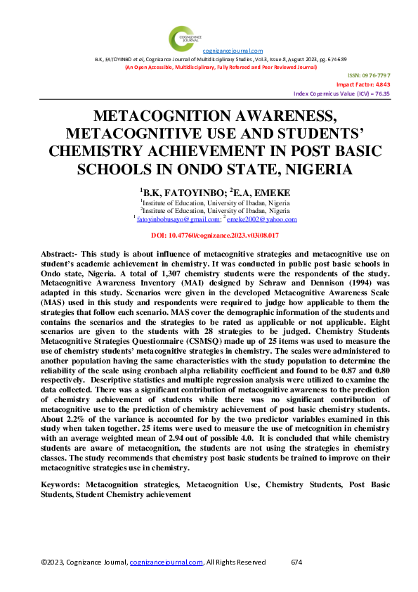 (PDF) METACOGNITION AWARENESS, METACOGNITIVE USE AND STUDENTS’ CHEMISTRY ACHIEVEMENT IN POST ...