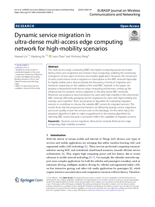 (PDF) Dynamic Service Migration in Ultra-Dense Multi-Access Edge Computing network for High ...
