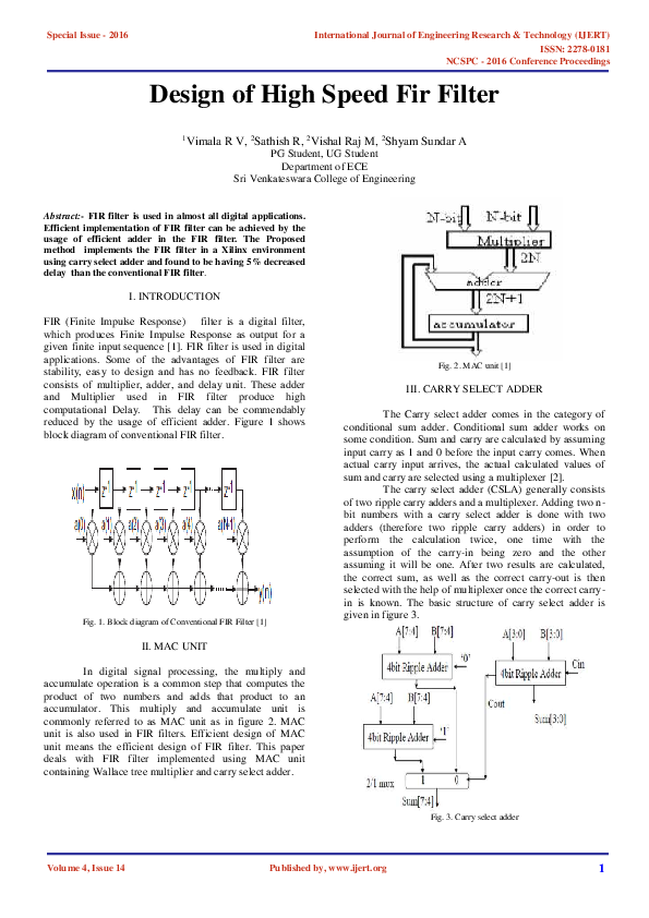 (PDF) Design of High Speed Fir Filter