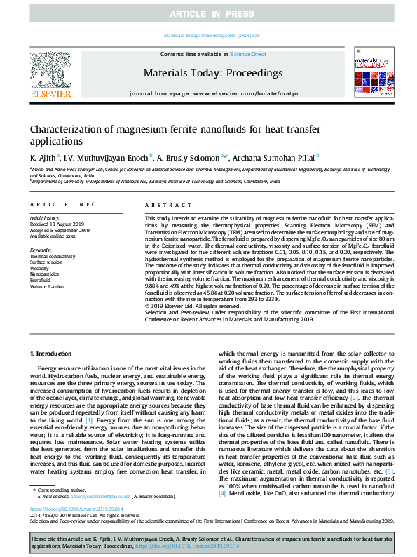 (PDF) Characterization of magnesium ferrite nanofluids for heat transfer applications