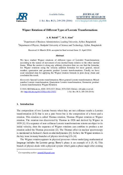 (PDF) Wigner Rotations of Different Types of Lorentz Transformations ...