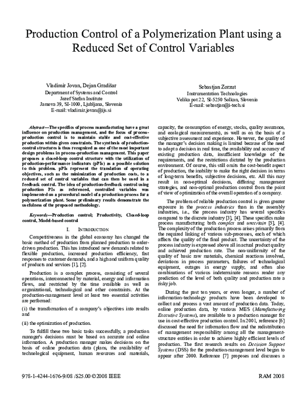 (PDF) Production Control of a Polymerization Plant using a Reduced Set of Control Variables