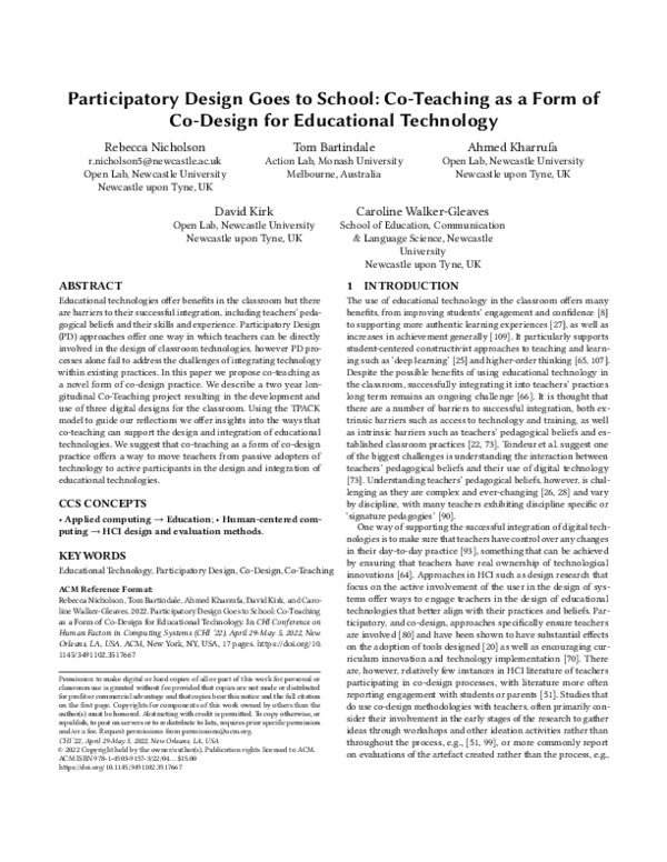 (PDF) Participatory Design Goes to School: Co-Teaching as a Form of Co ...