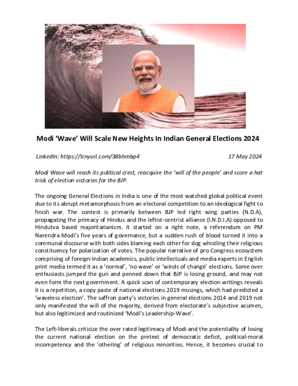 (PDF) Modi 'Wave' Will Scale New Heights In Indian General Elections 2024