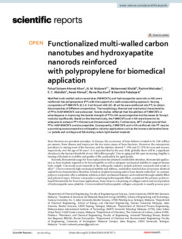 (PDF) Functionalized multi-walled carbon nanotubes and hydroxyapatite nanorods reinforced with ...