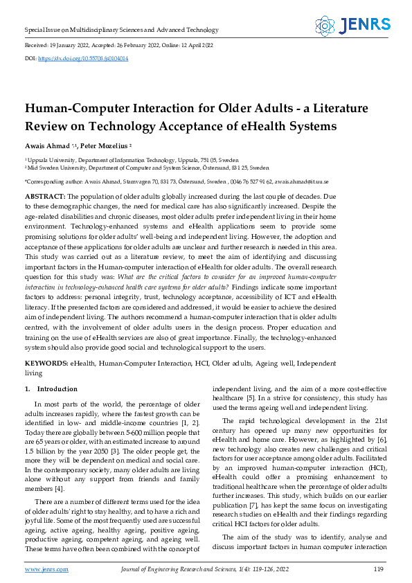 (PDF) Human-Computer Interaction for Older Adults - a Literature Review on Technology Acceptance ...