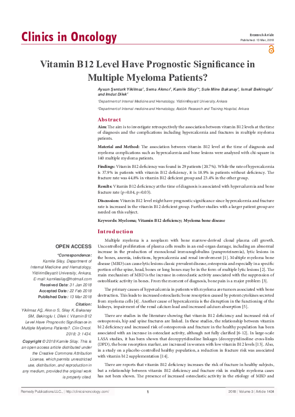 (PDF) Vitamin B12 Level Have Prognostic Significance in Multiple ...