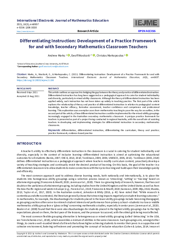(PDF) Differentiating Instruction: Development of a Practice Framework for and with Secondary ...