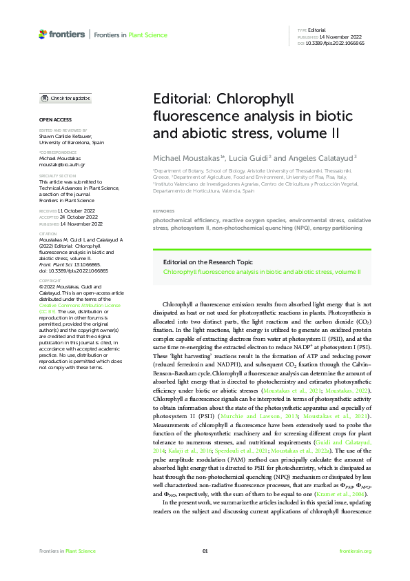 (PDF) Editorial: Chlorophyll fluorescence analysis in biotic and ...