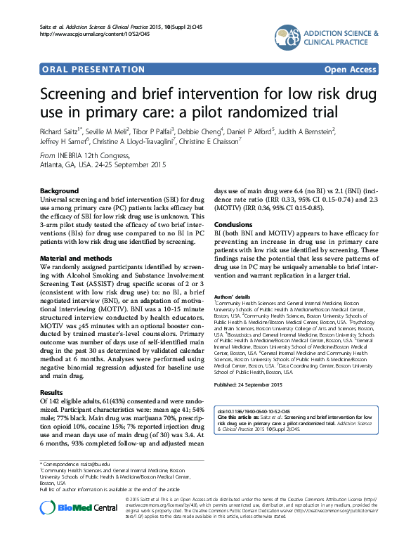 (PDF) Screening and brief intervention for low risk drug use in primary ...