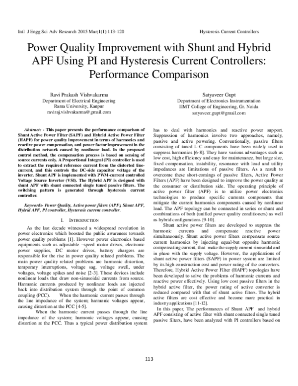 (PDF) Hysteresis Current Controllers Power Quality Improvement with Shunt and Hybrid APF Using ...